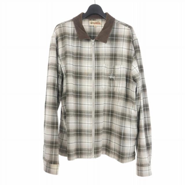 【中古】ステューシー STUSSY 21AW Frank Plaid Zip Shirt 刺?ロゴ オンブレチェック ジップ シャツ シャドウ XL