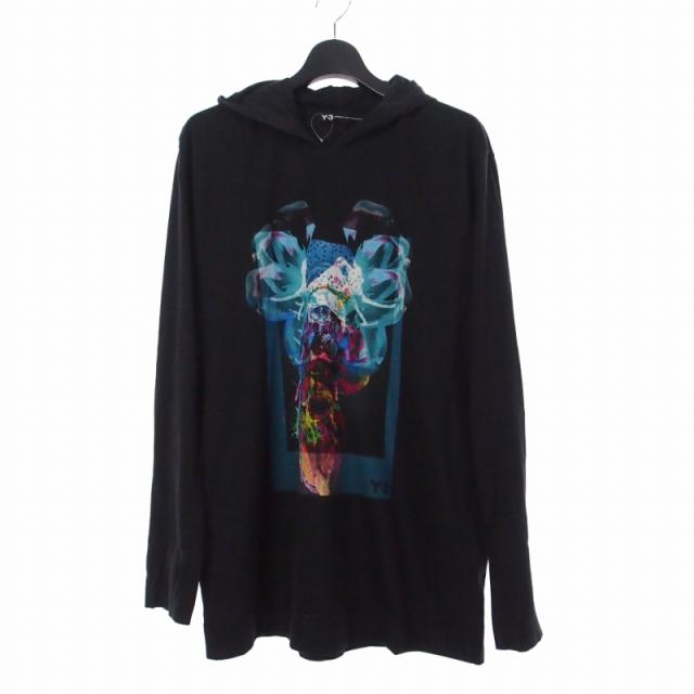 【中古】ワイスリー Y-3 ヨウジヤマモト 切替カットソー フーディー パーカー Tシャツ 長袖 L 黒 ブラック  メンズ