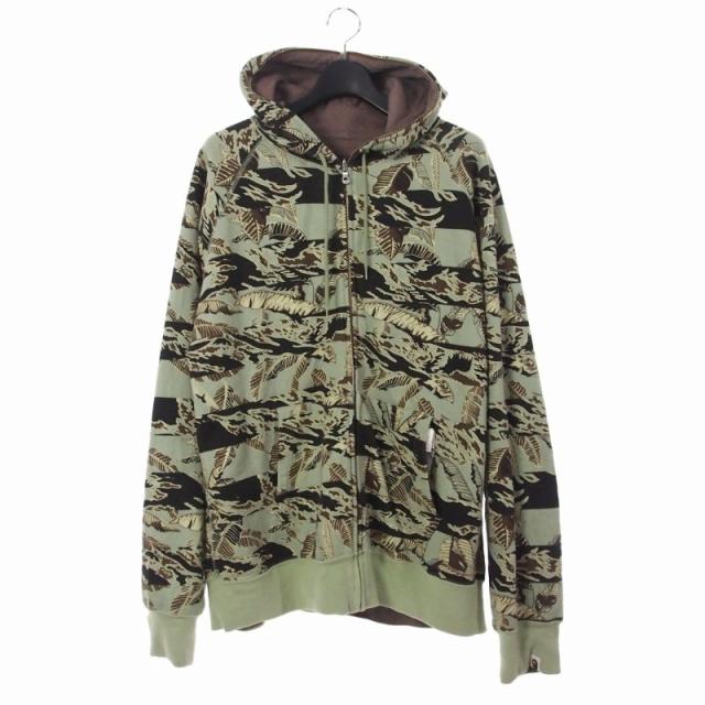 【中古】アベイシングエイプ A BATHING APE リバーシブル フルジップパーカー 総柄 XL グリーン系 ブラウンベージュ