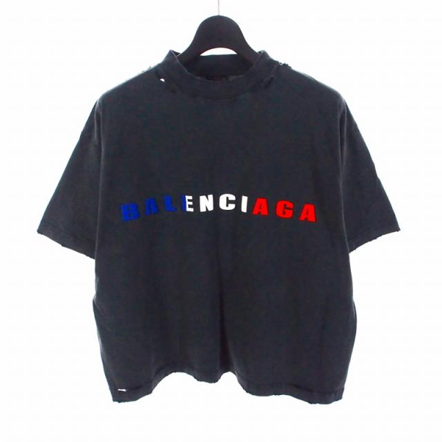 【中古】バレンシアガ BALENCIAGA ダメージ加工 クロップドTシャツ カットソー 半袖 L ブラック 黒 メンズ レディース
