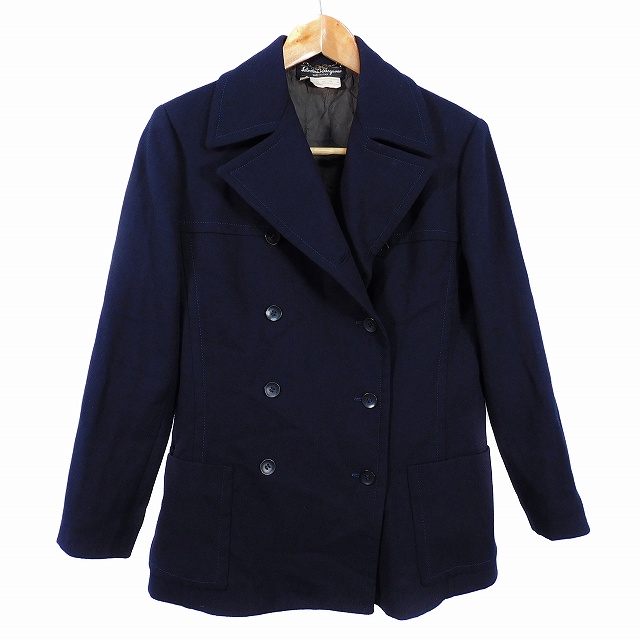 【中古】サルヴァトーレフェラガモ テーラードジャケット 長袖 ダブル ウール 無地 40 紺 アウター レディース