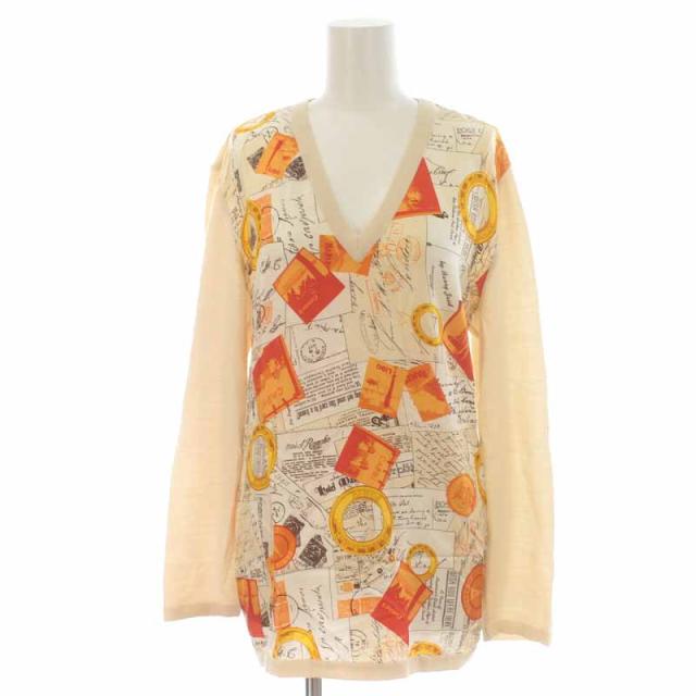 【中古】セリーヌ CELINE ニット カットソー シルク切替 Vネック 総柄 長袖 42 15号 XXL ベージュ /YI9 レディースの ...