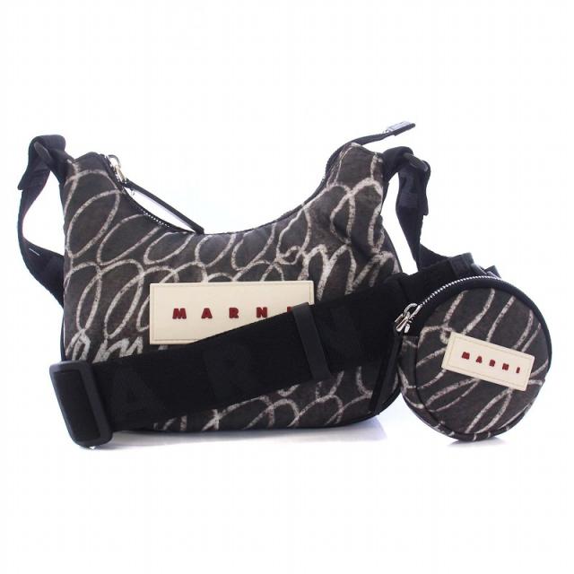 【中古】マルニ 24AW HOBO ショルダーバッグ サテン ラバーロゴ グラフィックプリント ポーチ付き グレー SBMQ0098U4