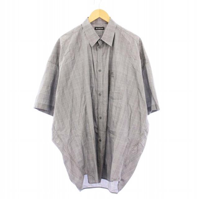 【中古】バレンシアガ BALENCIAGA BBロゴ オーバーサイズシャツ 半袖 チェック 40 グレー 625358 /KH ☆AA★ メンズ