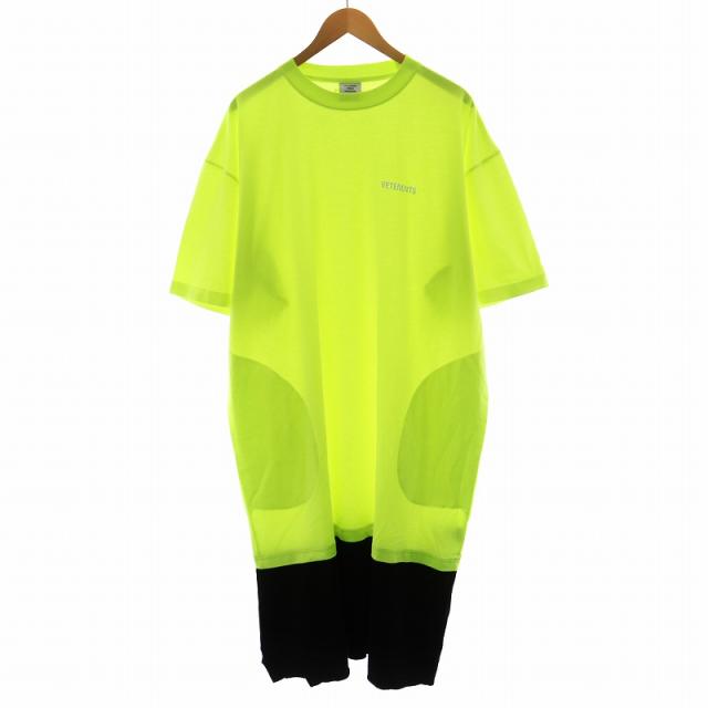 【中古】ヴェトモン VETEMENT レイヤード ロングTシャツ カットソー 半袖 ロゴ M 黄緑 黒 ブラック UE52DR200Y