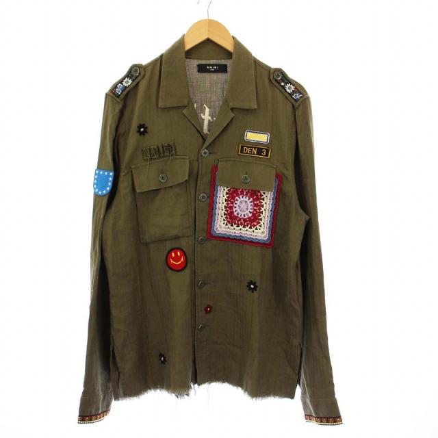 【中古】アミリ crochet&patch millitary shirt クロシェット&パッチ ミリタリーシャツ 刺繍 カシミア混 L カーキ