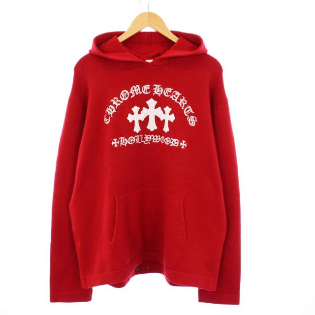 【中古】クロムハーツ SAILIN ON HD PLVR CHSMR セメタリークロスパッチカシミヤニットパーカー プルオーバー XL 赤