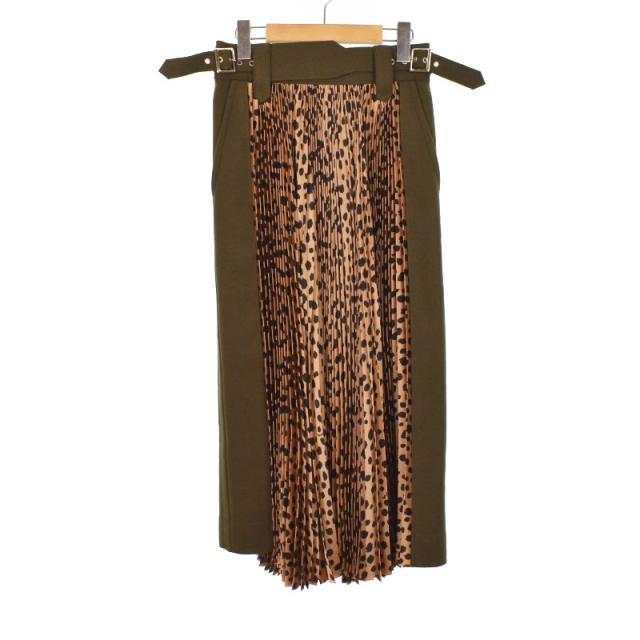 【中古】サカイ sacai 20AW プリーツスカート ロング レオパード ヒョウ柄 ウール 切替 1 ブラウン カーキ 20-05223