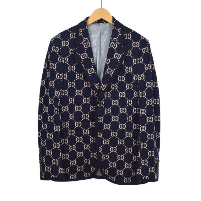 【中古】グッチ GUCCI 18年製 GGジャガード テーラードジャケット ブレザー 46 紺 ネイビー 521889 メンズ