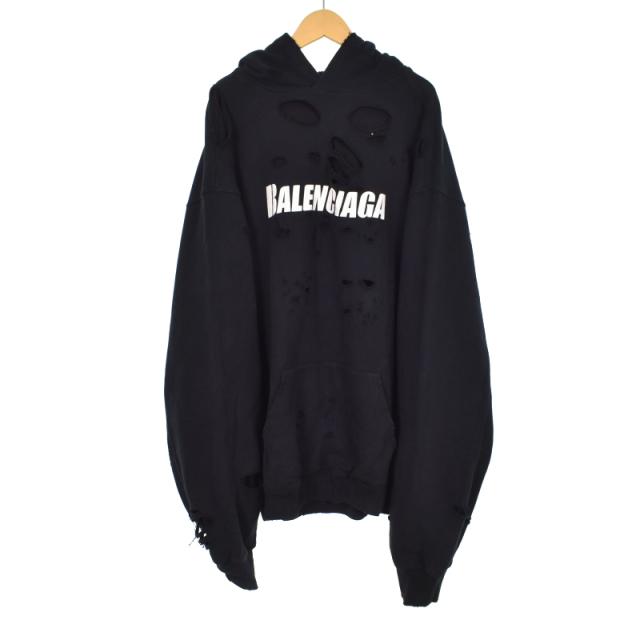 【中古】バレンシアガ BALENCIAGA 21SS DESTROYED HOODIE デストロイ加工 パーカー フーディー S ブラック 659403