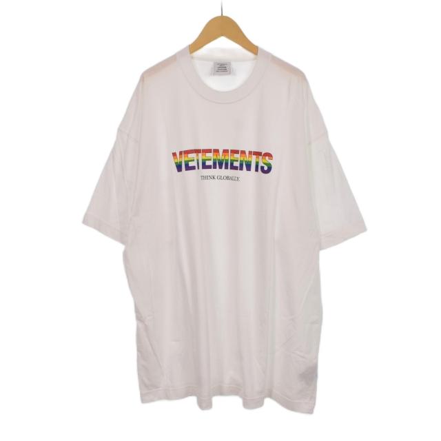 【中古】ヴェトモン VETEMENT 21AW レインボー ThinkGlobally ロゴ プリント Tシャツ 半袖 M ホワイト UA52TR290X