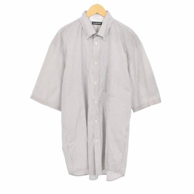 【中古】バレンシアガ BALENCIAGA 19SS バックロゴプリント ボタンダウン シャツ 半袖 ストライプ 38 白 556913