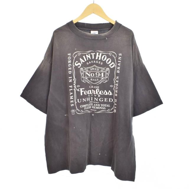 【中古】SAINTMICHAEL NEIGHBORHOOD STHD. FEARLESS Tシャツ 半袖 プリント ダメージ加工 XL グレー SM-HR8-0000-C70