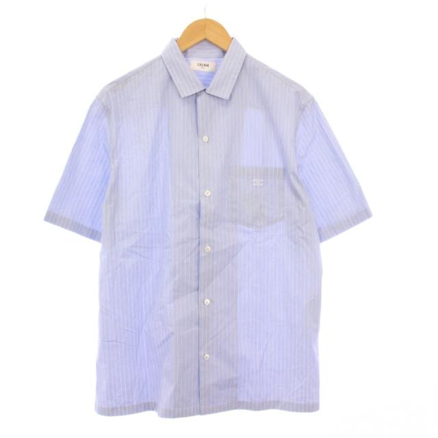 【中古】セリーヌ ストライプ入りコットンポプリン ボーリングシャツ 半袖 トリオンフ刺繍 38 青 RC089841W.01KA
