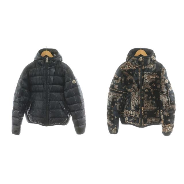 【中古】モンクレール FREVILLE ダウンジャケット フード ペイズリー柄 ロゴ ワッペン アウター 2 ピンク 紺