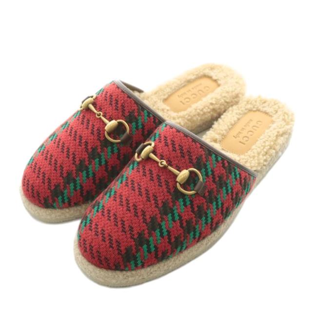 【中古】グッチ サンダル スリッポン ハウンドトゥース ツイード ホースビット ボア 8 赤 緑 茶