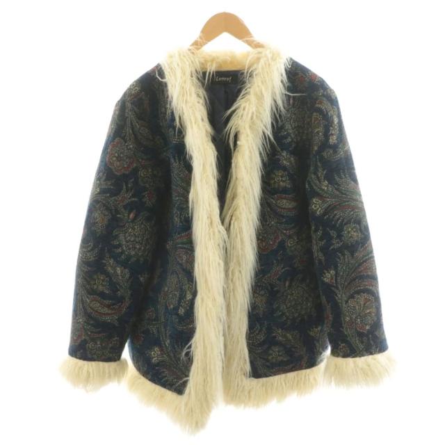 【中古】未使用品 ラムロフ Lamrof ジャケット ジャガード ファー 総柄 花柄 アウター F 紺 ネイビー LM-23AW-BZ01