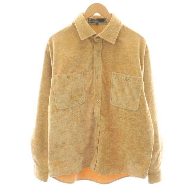 【中古】キスニューヨークシティ KITH NYC 23AW オーバーサイズベルベットシャツ 長袖 ロゴ 刺繍 M ベージュ
