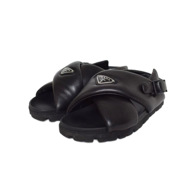 【中古】プラダ PRADA モノリス トライアングルロゴ パテッドナッパレザー クリスクロス シューズ サンダル 7 2X3089