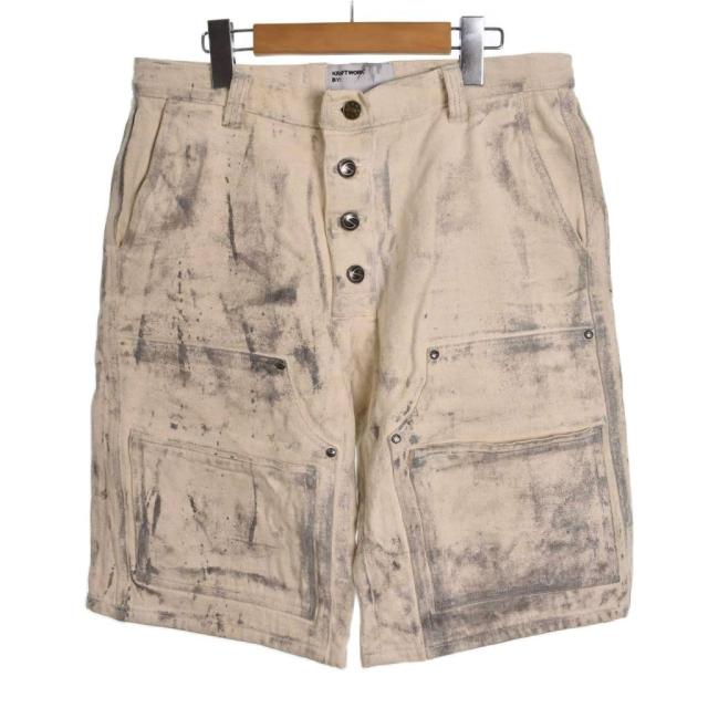 【中古】KRAFTWORK クラフトワーク デニムショートパンツ 汚れ加工 ボタンフライ 32 白 ホワイト 黒 ブラック