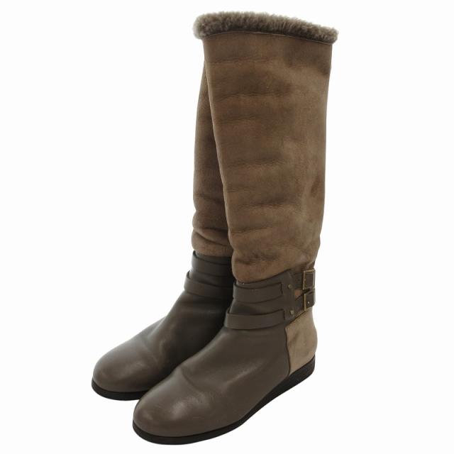 【中古】ジミーチュウ JIMMY CHOO ムートンブーツ ベルテッド ゴールドカラー金具 ロゴ ロング 37 茶 ブラウン