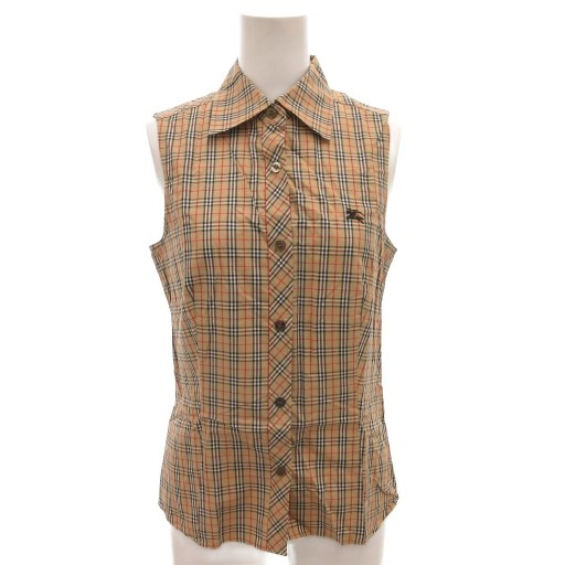 【中古】バーバリーズブルーレーベル ヴィンテージ シャツ 38 ベージュ ノバチェック ノースリーブ ホースロゴ