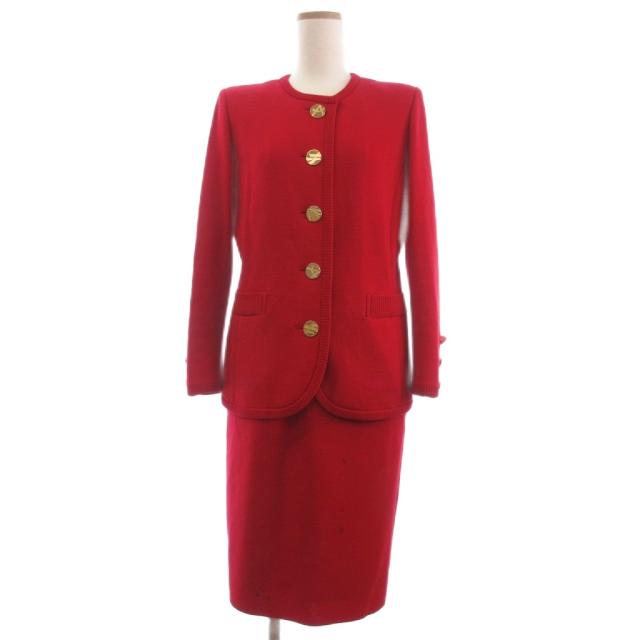 【中古】イヴサンローラン ヴィンテージ スーツ セットアップ カーディガン ジャケット スカート 金ボタン M 赤
