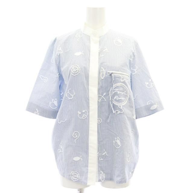 【中古】フェンディ FENDI 星座柄 ストライプ ポケット半袖シャツ ブラウス 前開き コットン 36 白 青  /NR ■OS