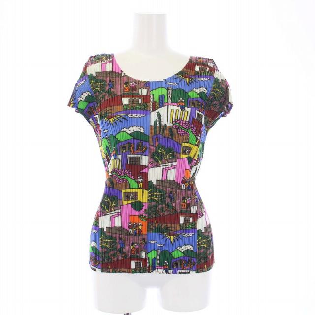 【中古】プリーツプリーズ PLEATS PLEASE イッセイミヤケ カットソー Tシャツ 総柄 4 XL サックスブルー ピンク /YT