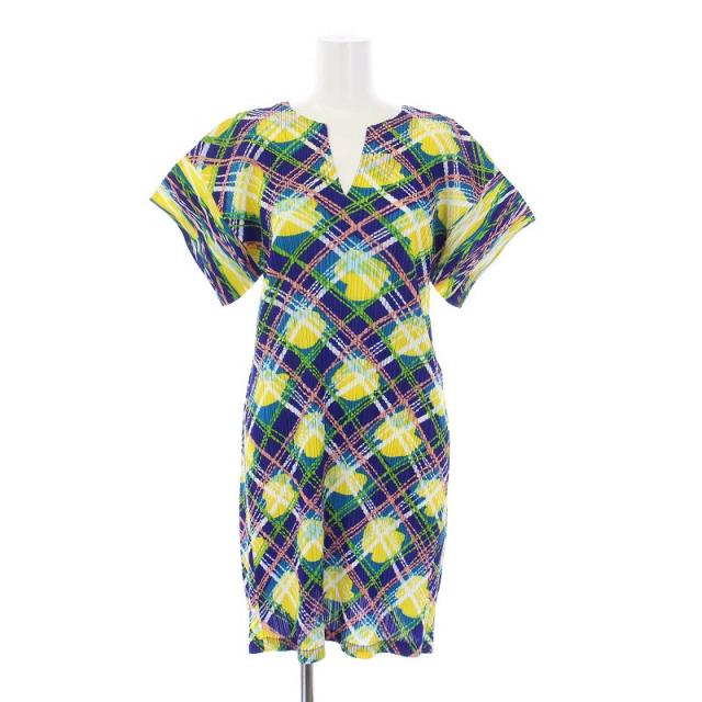 【中古】プリーツプリーズ PLEATS PLEASE イッセイミヤケ ワンピース 総柄 3 L 紺 ネイビー 黄 イエロー /YT
