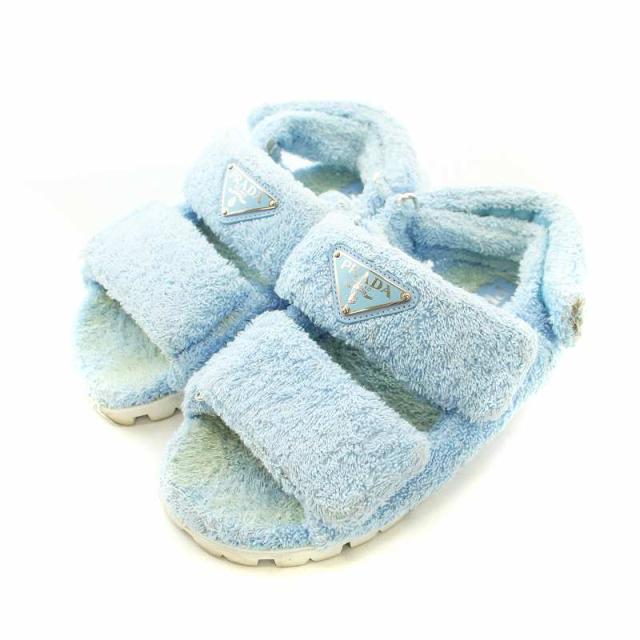 【中古】プラダ PRADA テリークロス トライアングル プレート サンダル パイル 36 23cm 青 水色 1X737M ■GY18 /MQ