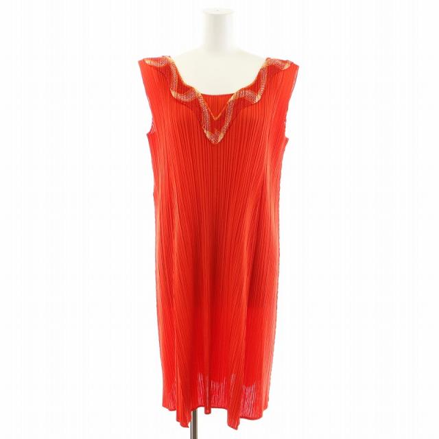 【中古】プリーツプリーズ PLEATS PLEASE イッセイミヤケ ワンピース ひざ丈 ノースリーブ 3 L 赤 レッド /AN9