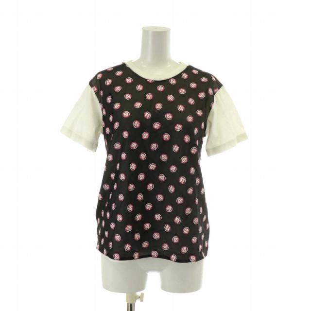 【中古】ミュウミュウ miumiu Tシャツ カットソー 半袖 クルーネック 切り替え 総柄 S 白 ホワイト 黒  /XZ ■GY19