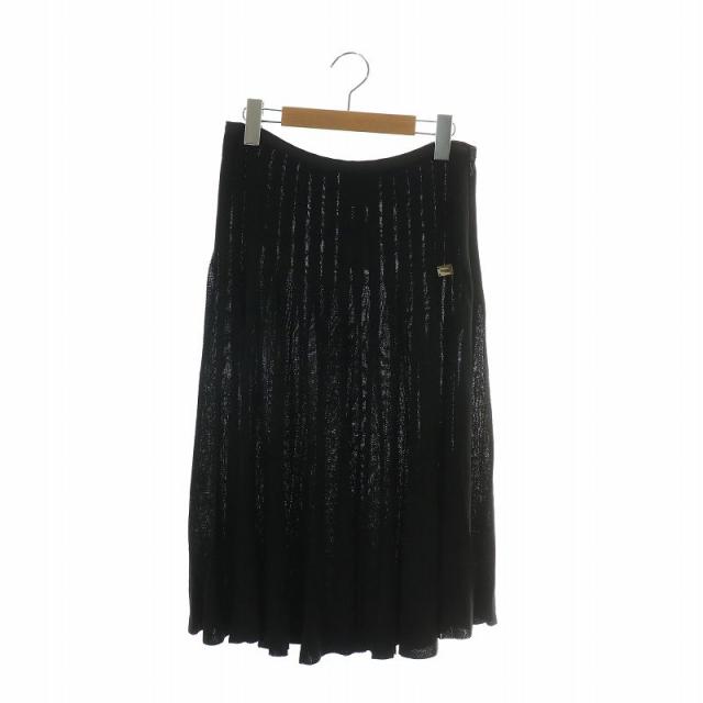 【中古】シャネル CHANEL ニットプリーツスカート ひざ丈 ロゴプレート 40 M 黒 ブラック P19165V01094 /XZ ■GY17