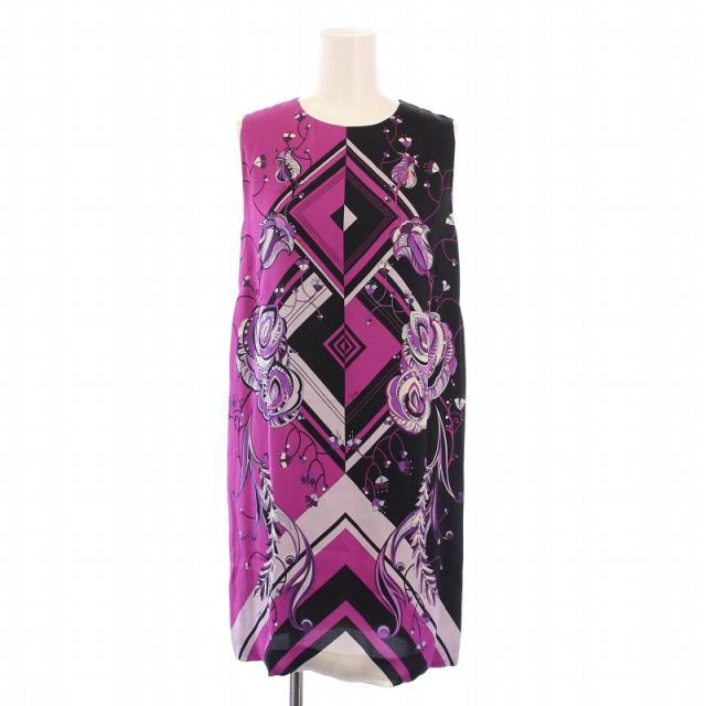 【中古】エミリオプッチ ワンピース ひざ丈 ノースリーブ クルーネック シアー シースルー シルク 総柄 I38 紫 黒