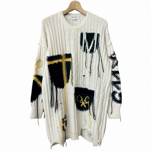 【中古】MONSE モンス オーバーサイズ ケーブル ニット セーター ダメージ加工 アイボリー S ■GY41 レディース