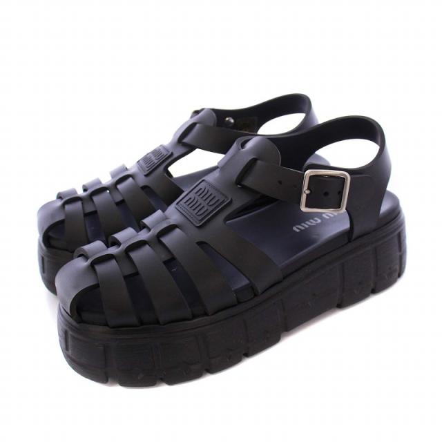 【中古】ミュウミュウ miumiu 22SS EVAサンダル 厚底 ストラップ 38 ブラック /KH レディース