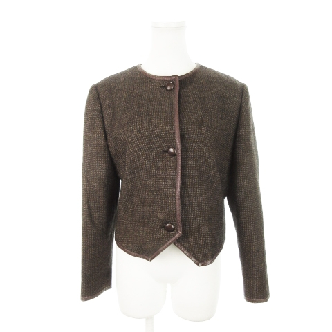 【中古】クリスチャンディオール Christian Dior PRET-A-PORTER ノーカラージャケット ツイード 総柄 茶 ブラウン
