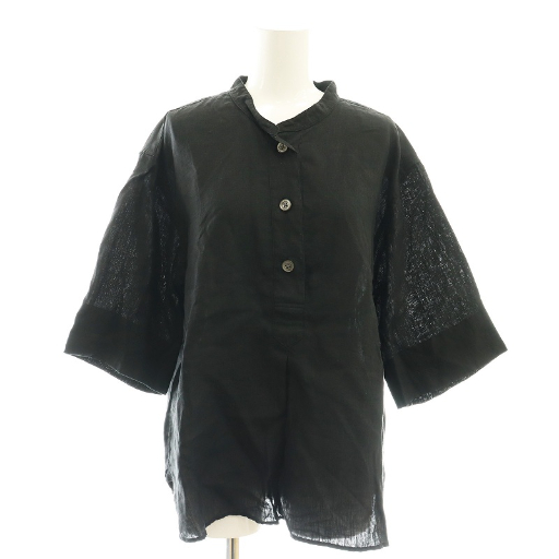 【中古】マーガレットハウエル MARGARET HOWELL 25SS SHIRTING LINEN プルオーバーシャツ 五分袖 バンドカラー 2 黒