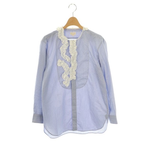 【中古】ドゥロワー Drawer コットンドビードットフリルシャツ ブラウス 長袖 前開き 36 青 ブルー 白 ホワイト