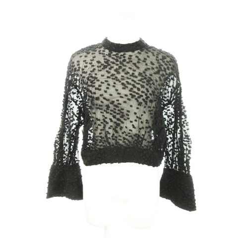 【中古】クラネ CLANE ブラウス カットソー ハイネック 長袖 ベルスリーブ シアー 透け感 ドットフリンジ 1 S 黒