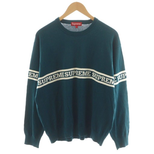 【中古】シュプリーム SUPREME 美品 19FW Logo Stripe Knit Top ニット セーター 長袖 ロゴ L 緑 グリーン