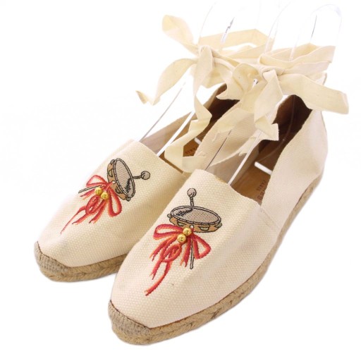 【中古】エルメス HERMES ローカットシューズ ラウンドトゥ エスパドリーユ キャンバス 刺繍 24cm アイボリー /BB