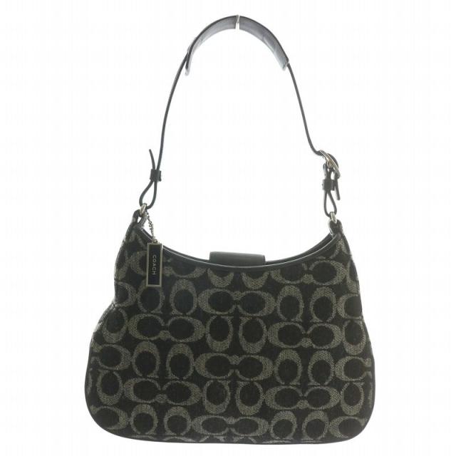【中古】コーチ COACH ハンドバッグ ワンショルダー ウール レザー シグネチャー 総柄 黒 ブラック 8139