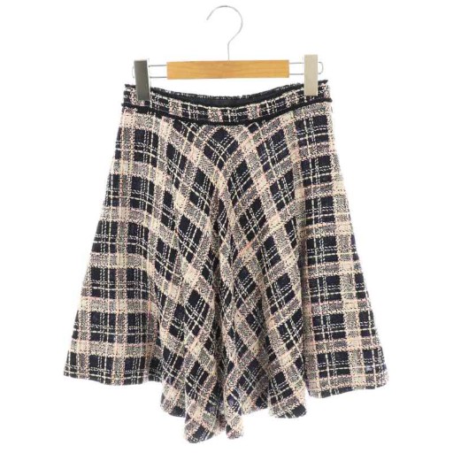 【中古】ミュウミュウ miumiu MG807 3Q0 ツイードチェックフレアスカート ミニ 36 ネイビー ピンク ホワイト