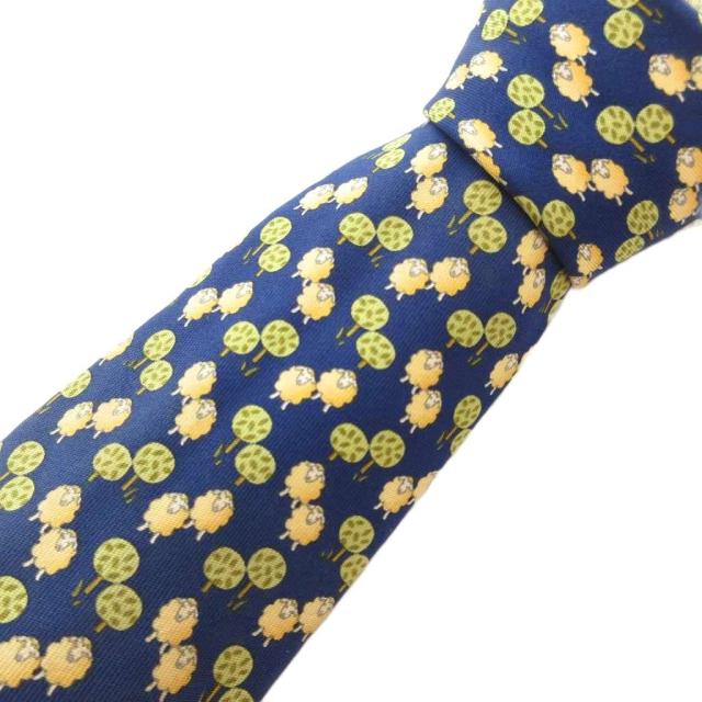 【中古】サルヴァトーレフェラガモ Salvatore Ferragamo 美品 ネクタイ レギュラータイ 総柄 羊柄 紺 ネイビー 黄
