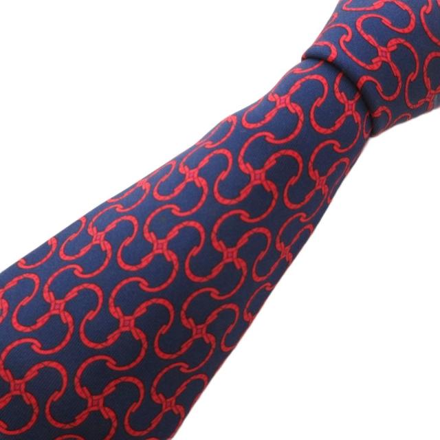 【中古】エルメス HERMES ネクタイ レギュラータイ 総柄 ロゴ シルク 紺 ネイビー 赤 レッド /AE ■GY47 メンズ