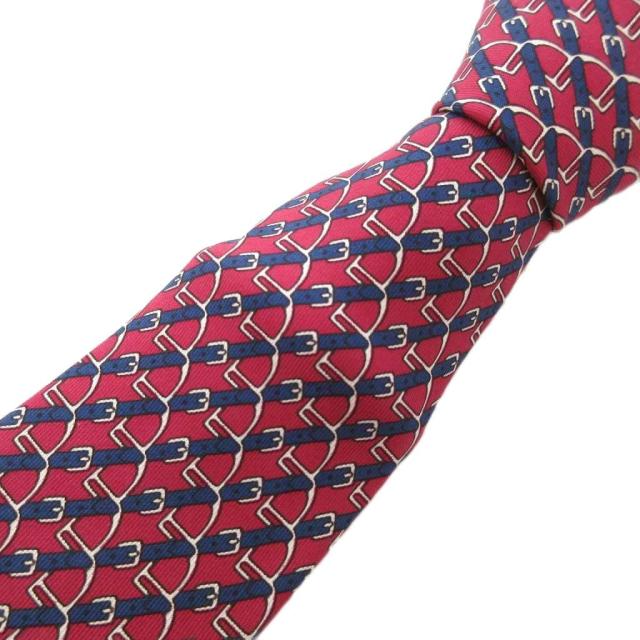 【中古】エルメス HERMES 美品 ネクタイ レギュラータイ 総柄 ロゴ シルク 赤 レッド 紺 ネイビー /AE ■GY47