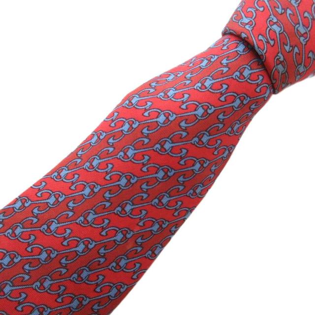 【中古】エルメス HERMES 美品 ネクタイ レギュラータイ 総柄 鎖 ロゴ シルク 赤 レッド 水色 ライトブルー /AE