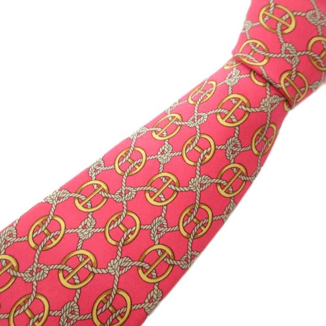 【中古】エルメス HERMES 美品 ネクタイ レギュラータイ 総柄 ロープ ロゴ シルク 赤 レッド 黄 イエロー /AE